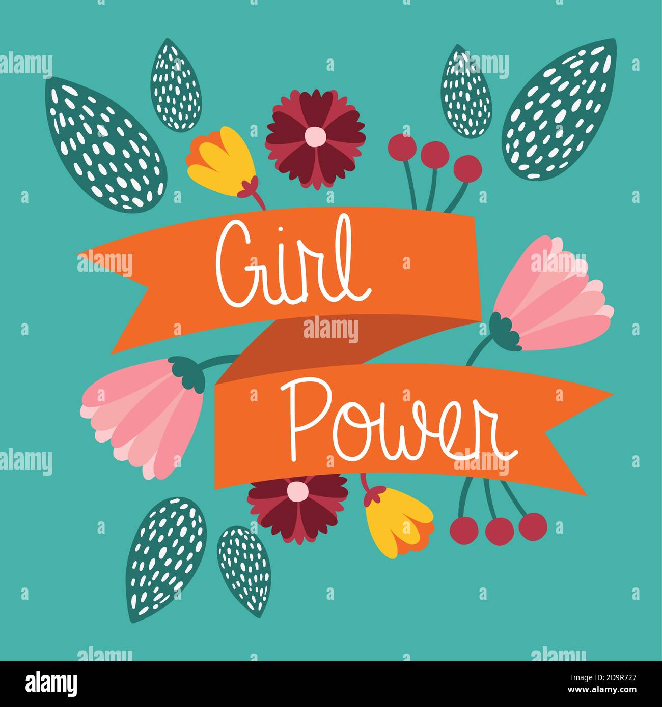 power girl poster with lettering in ribbon and flowers garden vector ...