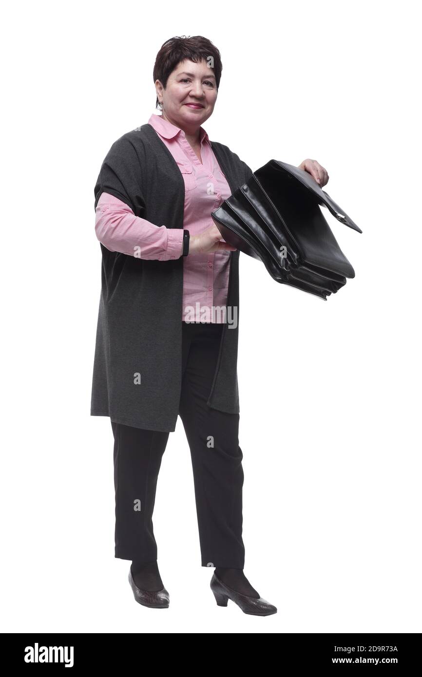 in full growth. confident business woman opening a leather briefcase ...