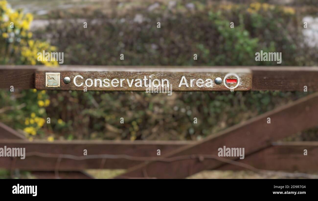 Conservation area sign on a gate at Hayle Estuary nature reserve in ...