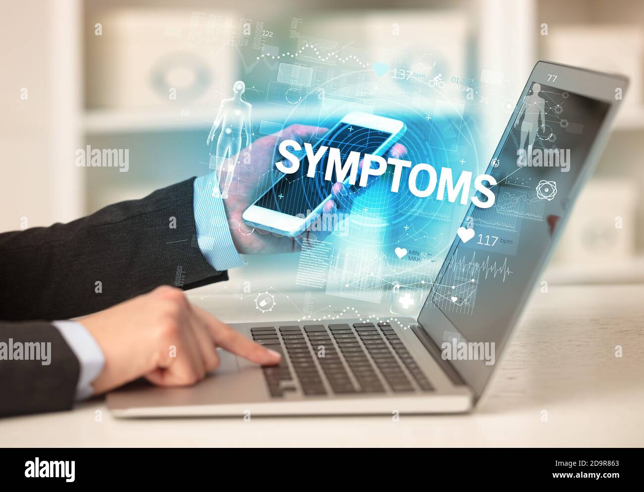 Doctor working a health check with SYMPTOMS inscription, recording ...