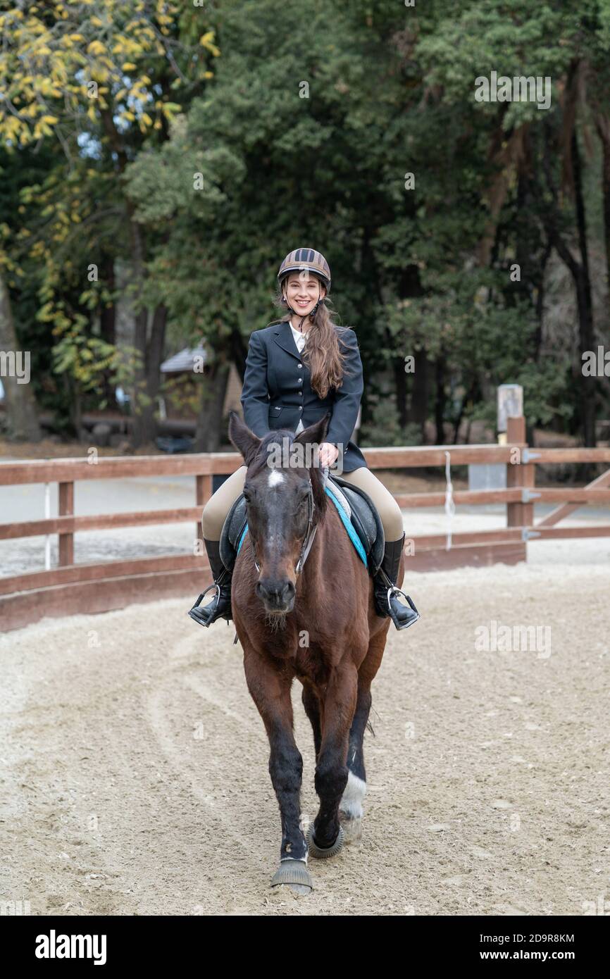 woman riding horse, english saddle, in arena surrounded by oak trees ...