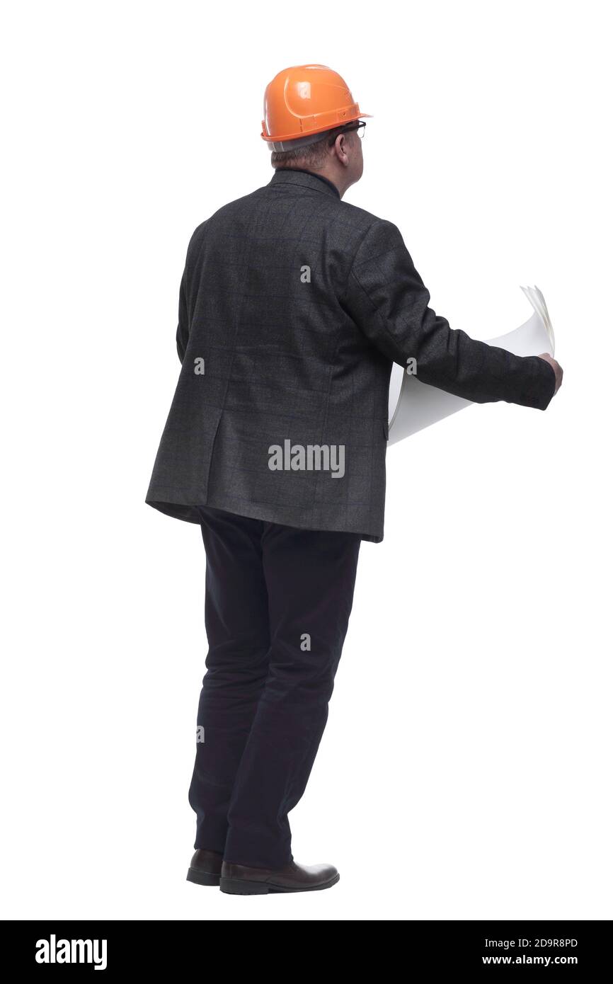 rear view. the architect is a professional reading the drawing Stock ...