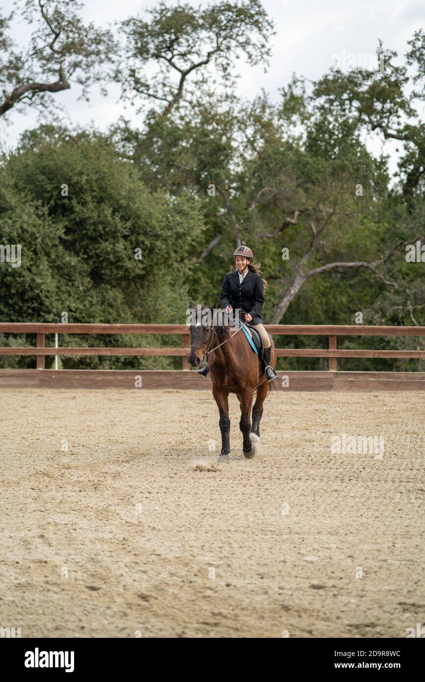woman riding horse, english saddle, in arena surrounded by oak trees ...