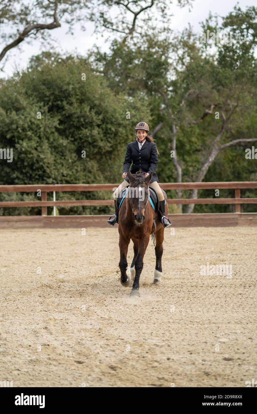 woman riding horse, english saddle, in arena surrounded by oak trees ...