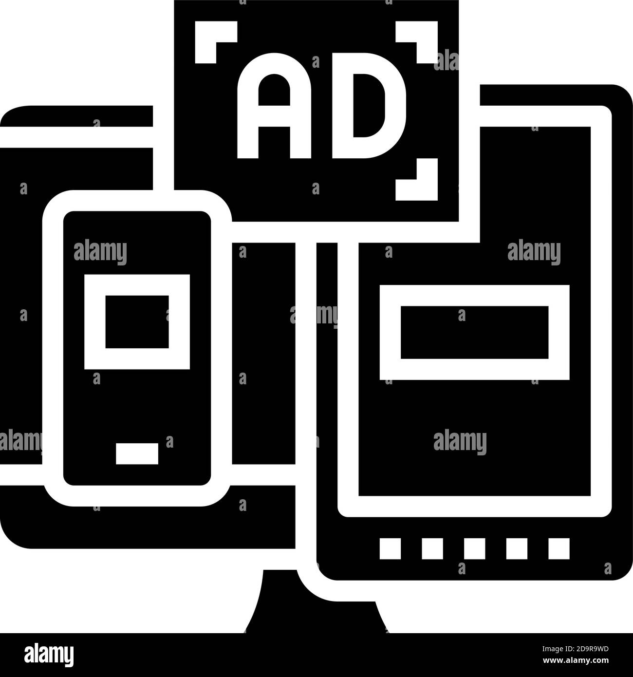 ad on computer phone and tablet display glyph icon vector illustration ...