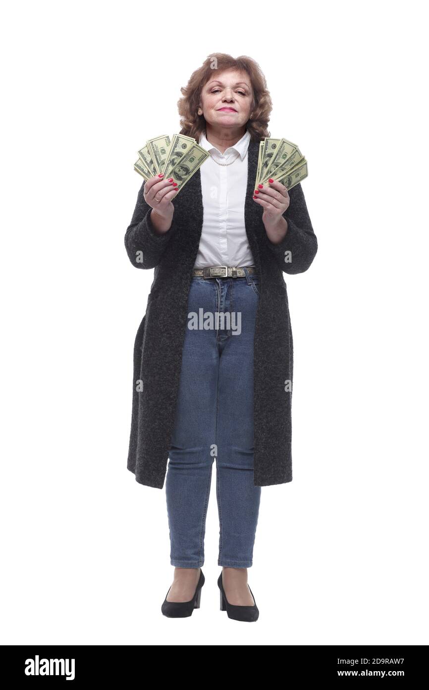 in full growth. woman showing a lot of cash bills Stock Photo - Alamy