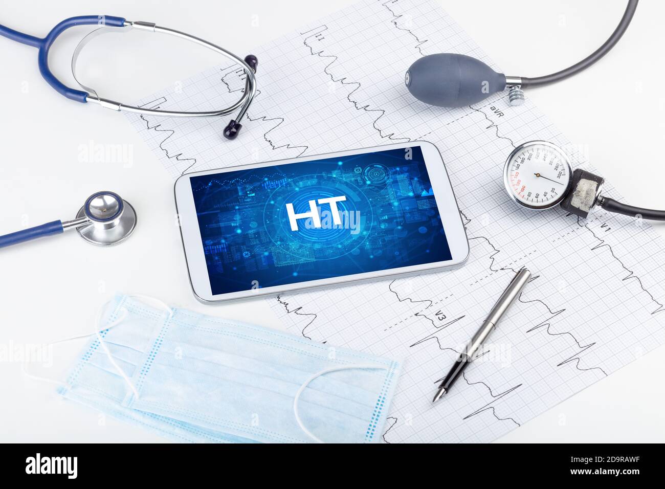 Close-up view of a tablet pc with HT abbreviation, medical concept ...