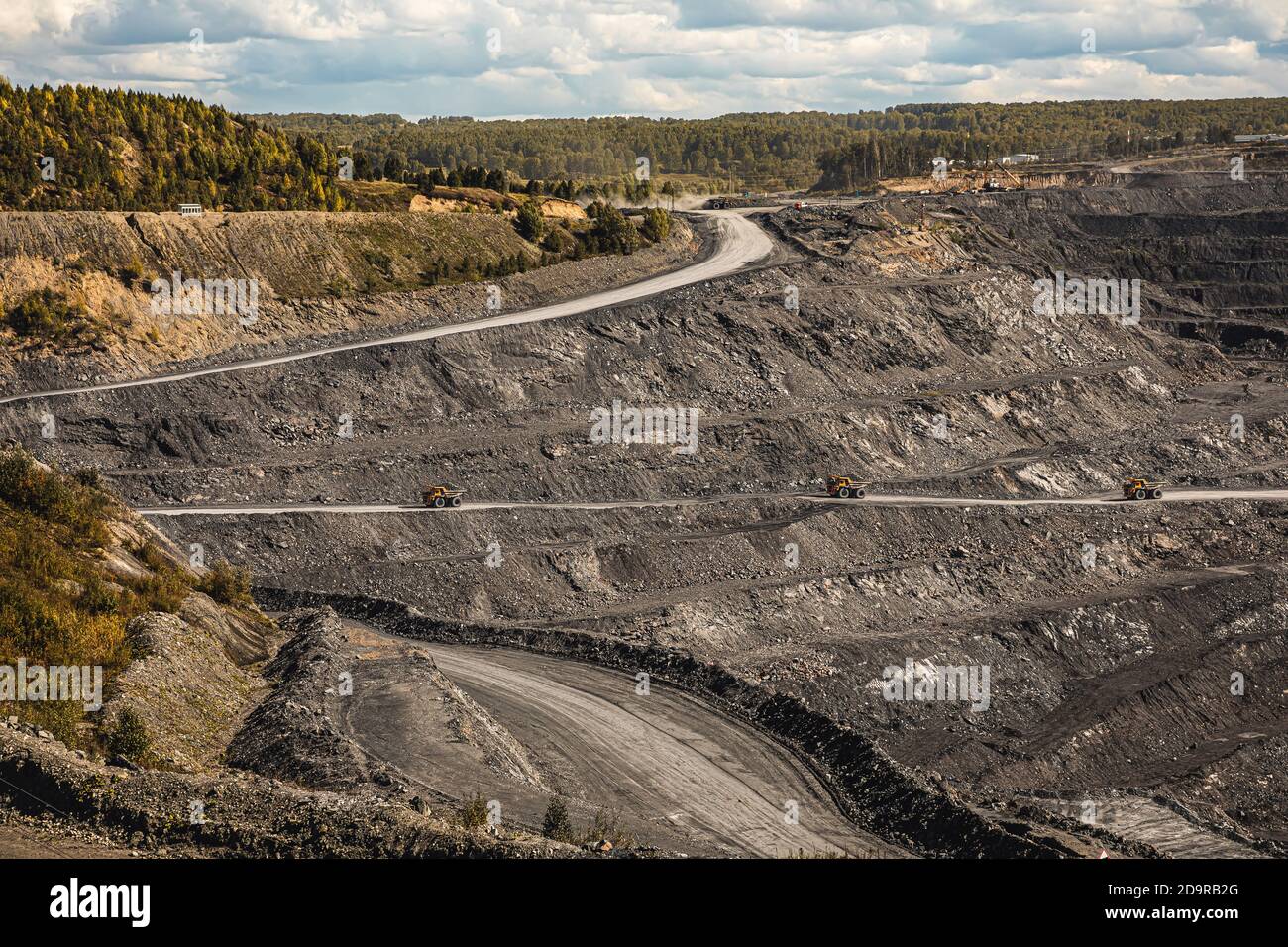 Panoramic aerial view of coal mine. Open pit mine industry, big yellow ...