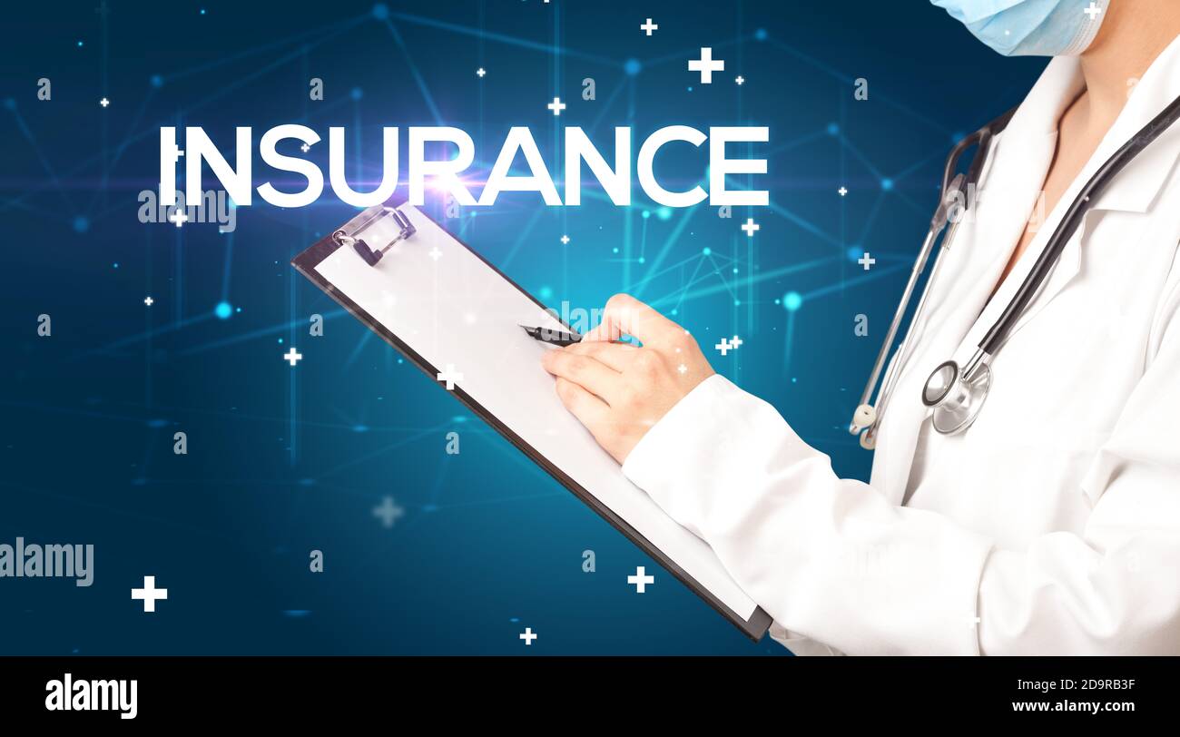 Doctor fills out medical record with INSURANCE inscription, medical ...