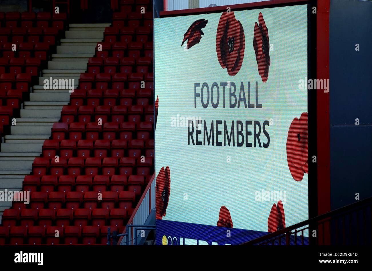 A football remembers poppy sign on the big screen at The Valley, London ...