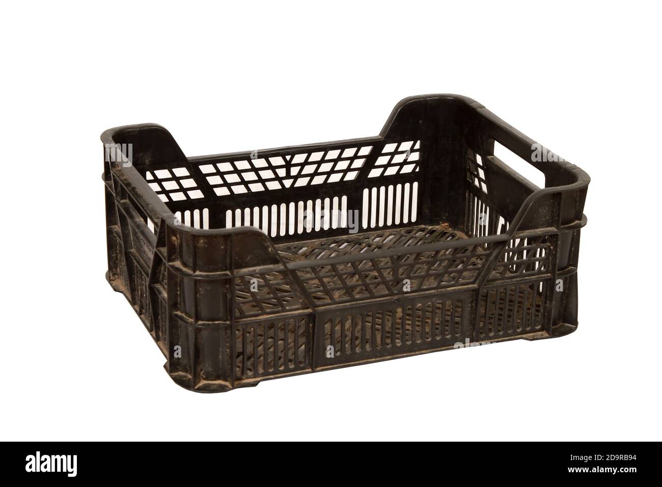 Closeup shot of a black plastic crate isolated on white background ...