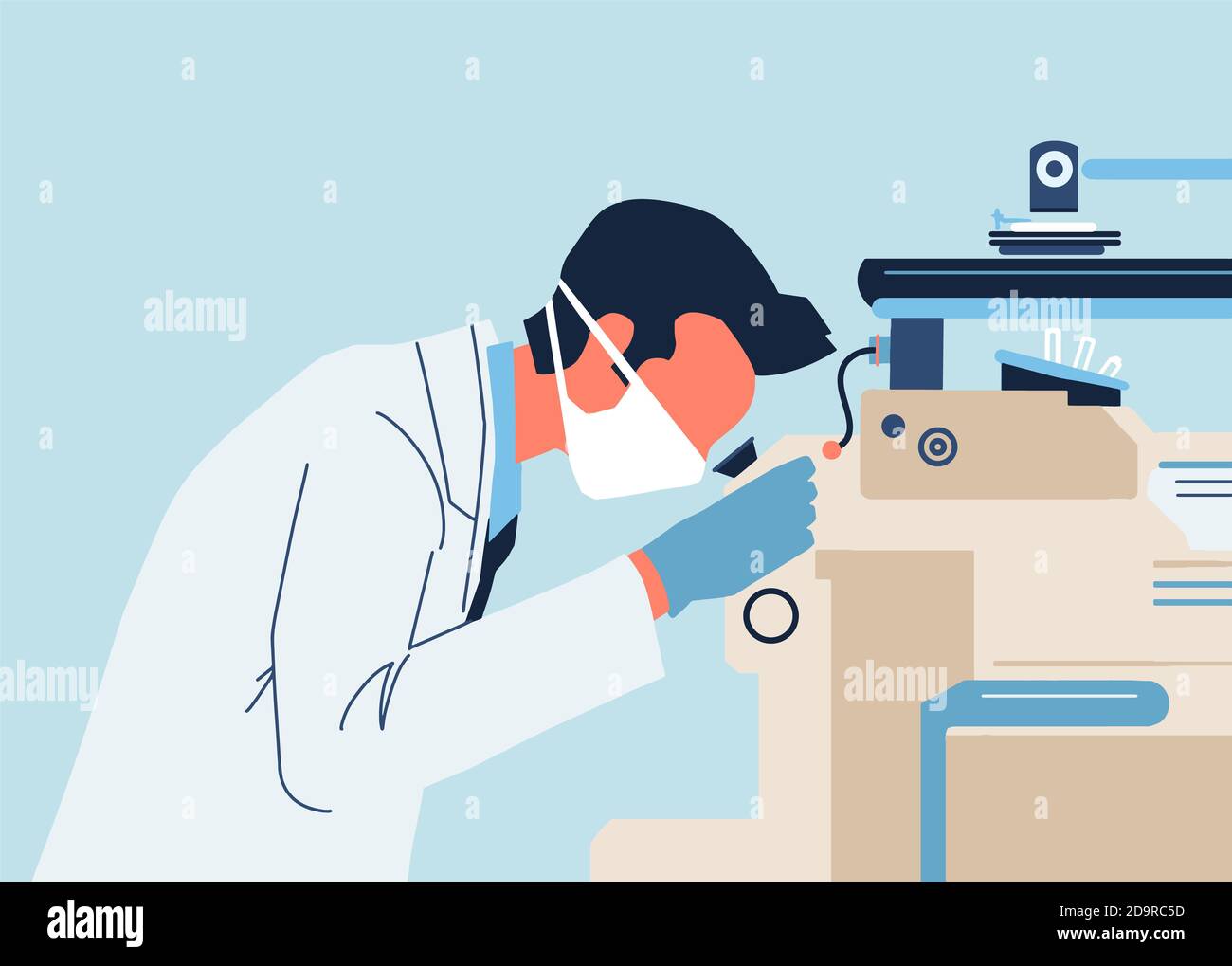 A doctor performs a blood test under a microscope. Minimalist style ...