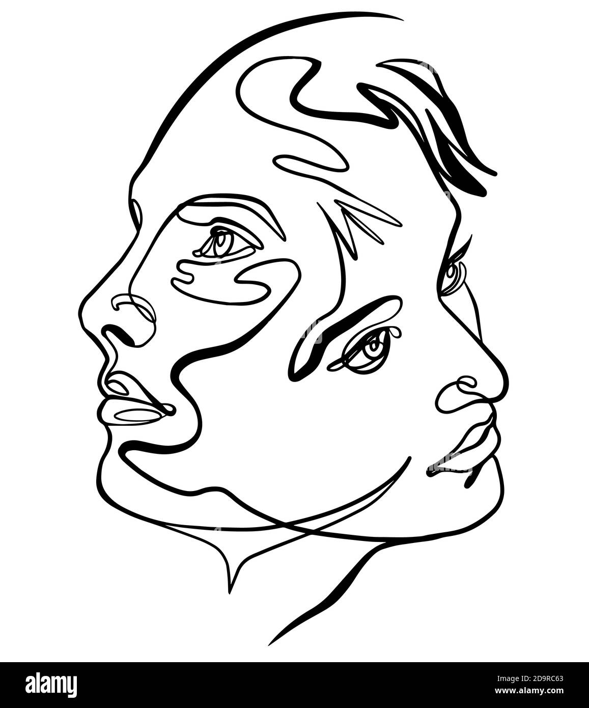 Continuous line drawing of couple faces - two, man and woman minimalist ...