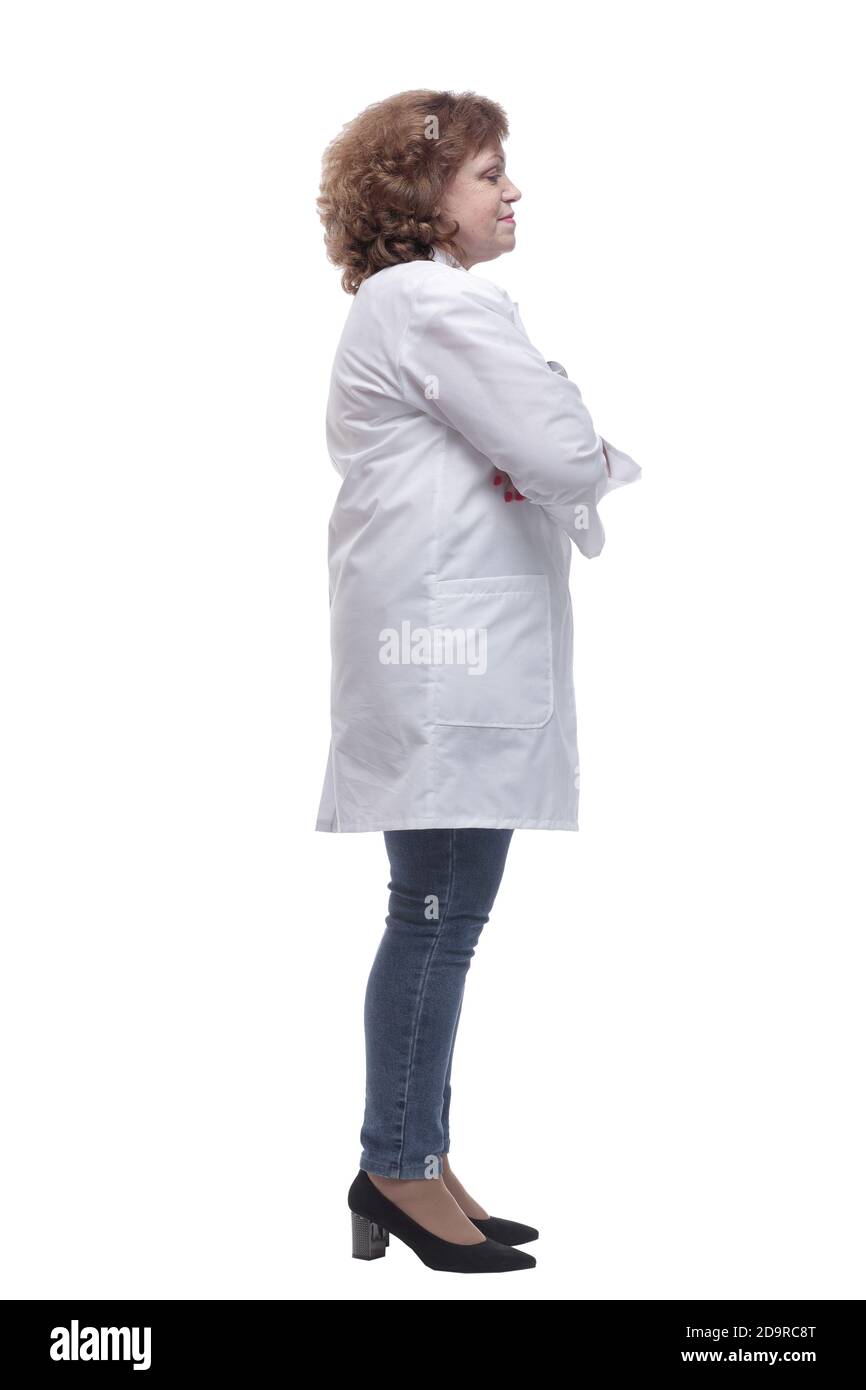 side view. confident woman doctor looking at a white screen Stock Photo ...