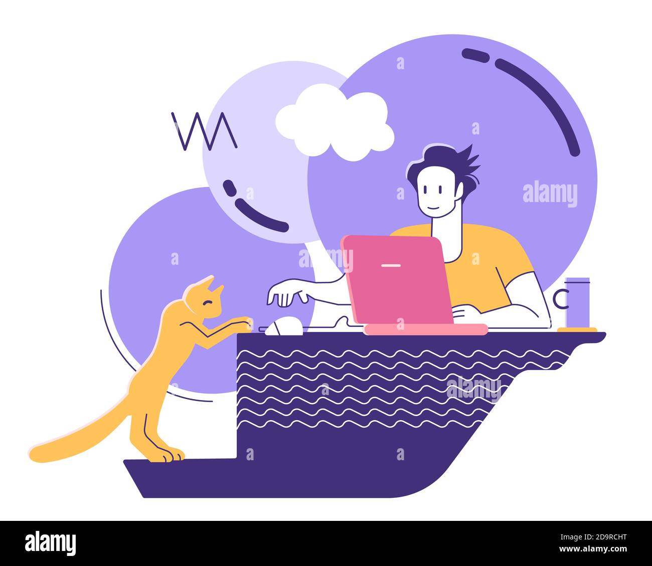 Remote work from home. Freelancer - man with laptop and cat with cloud ...