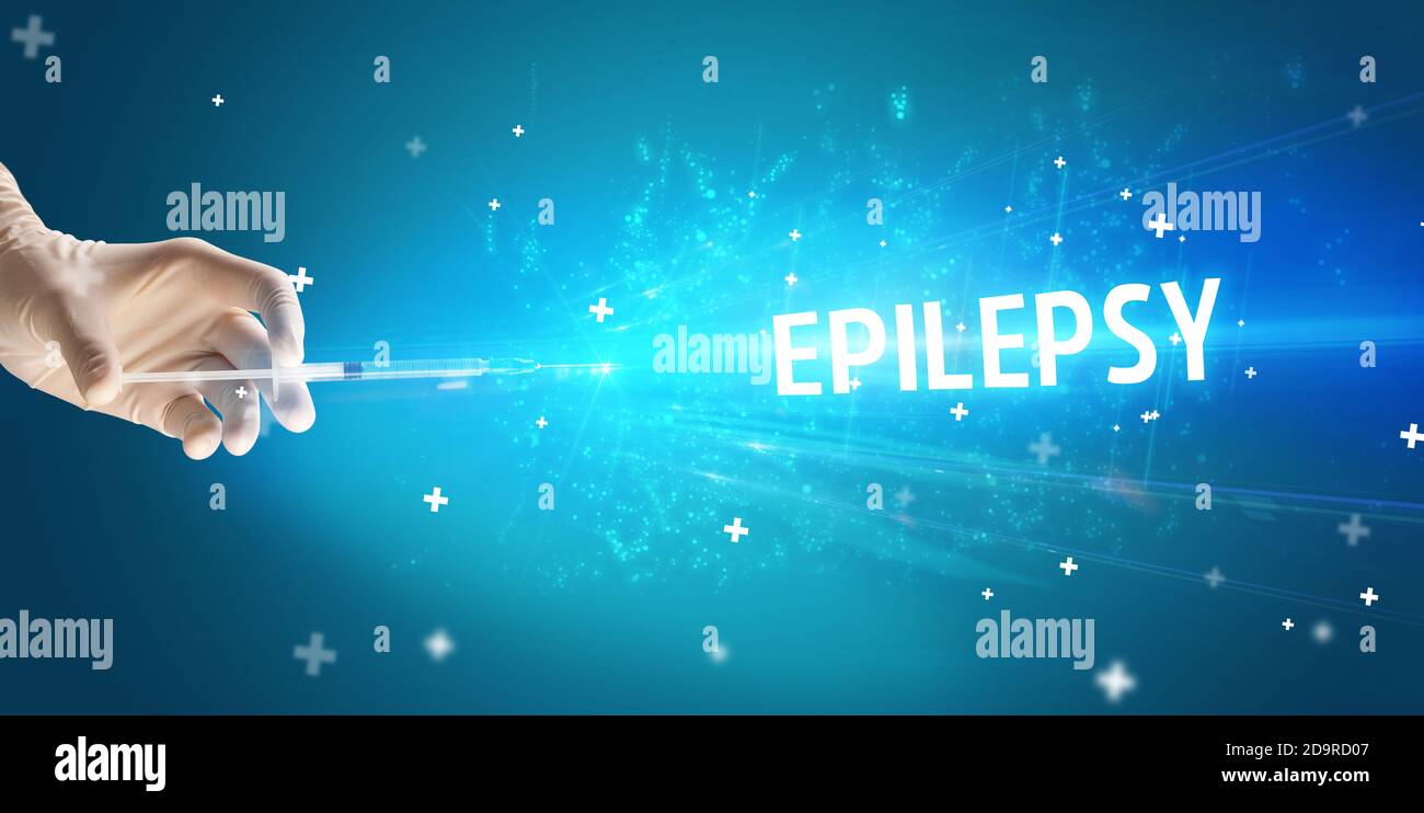 Syringe, medical injection in hand with EPILEPSY inscription, medical ...