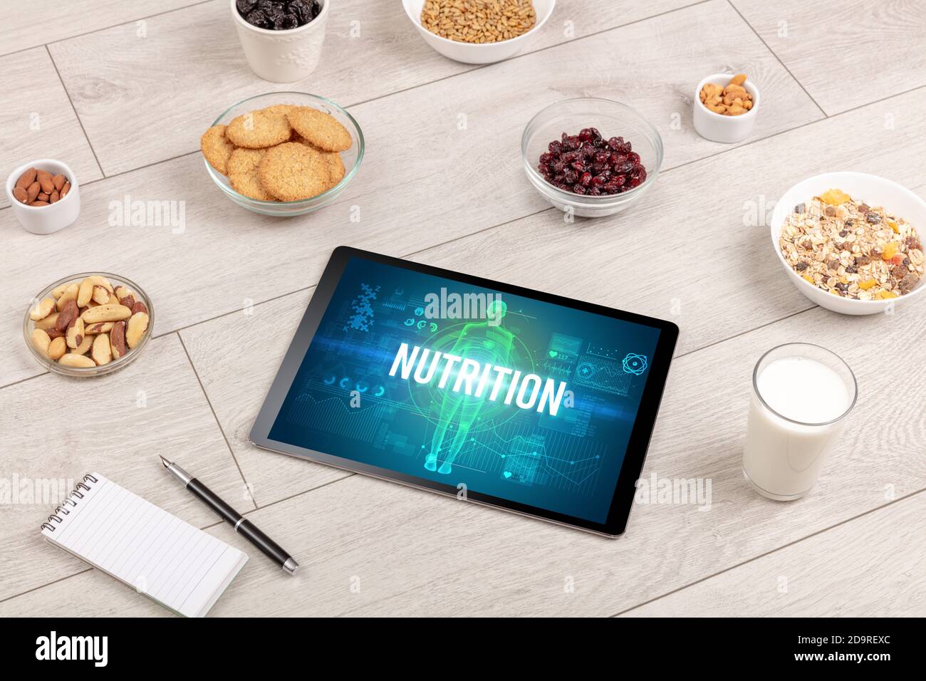 NUTRITION concept in tablet with fruits, top view Stock Photo - Alamy