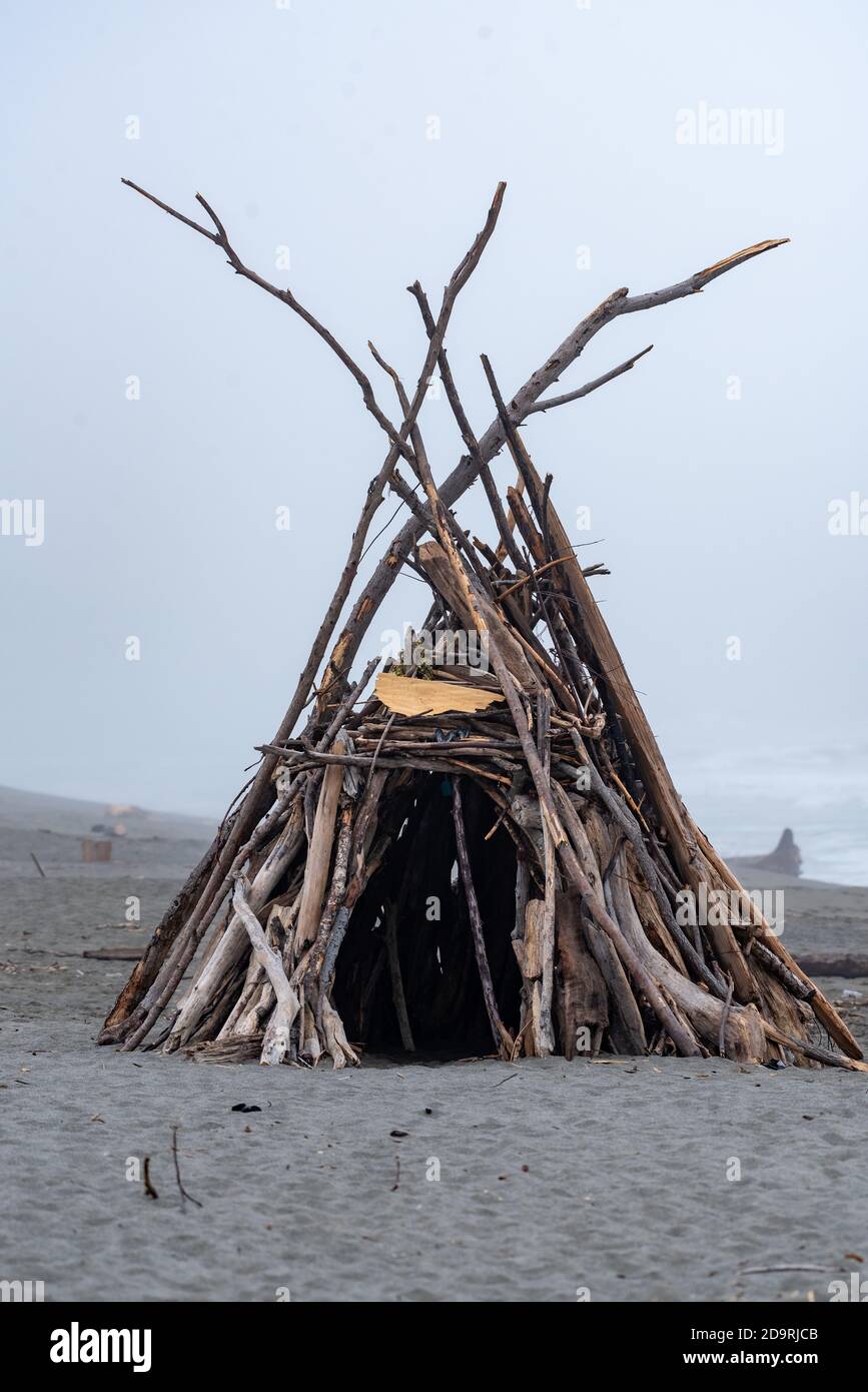 Wooden Teepee Hut on Pacific Beach in Northern California Stock Photo ...