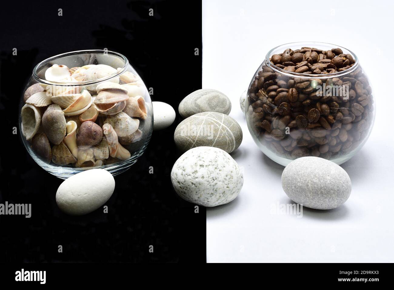 composition, still life, glass with coffee grain, glass with shells ...
