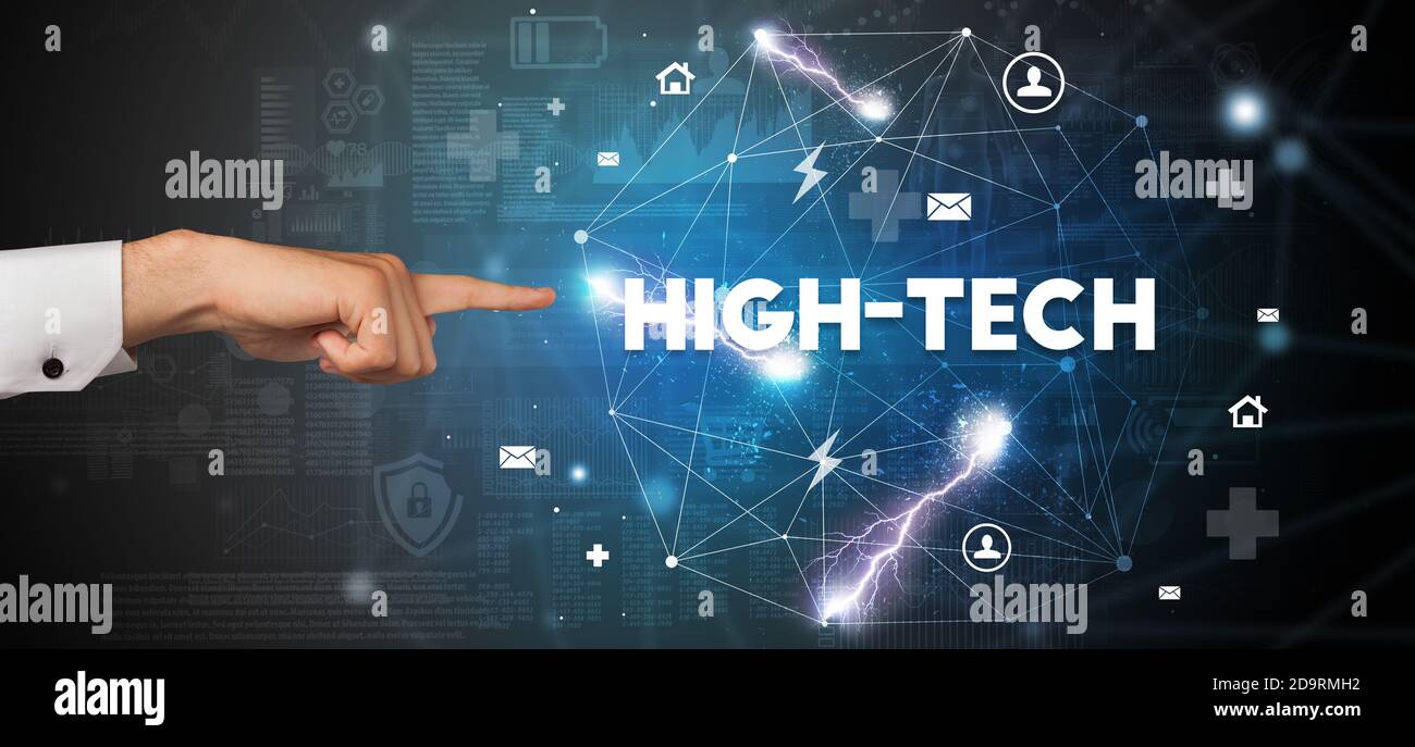 Hand pointing at HIGH-TECH inscription, modern technology concept Stock ...