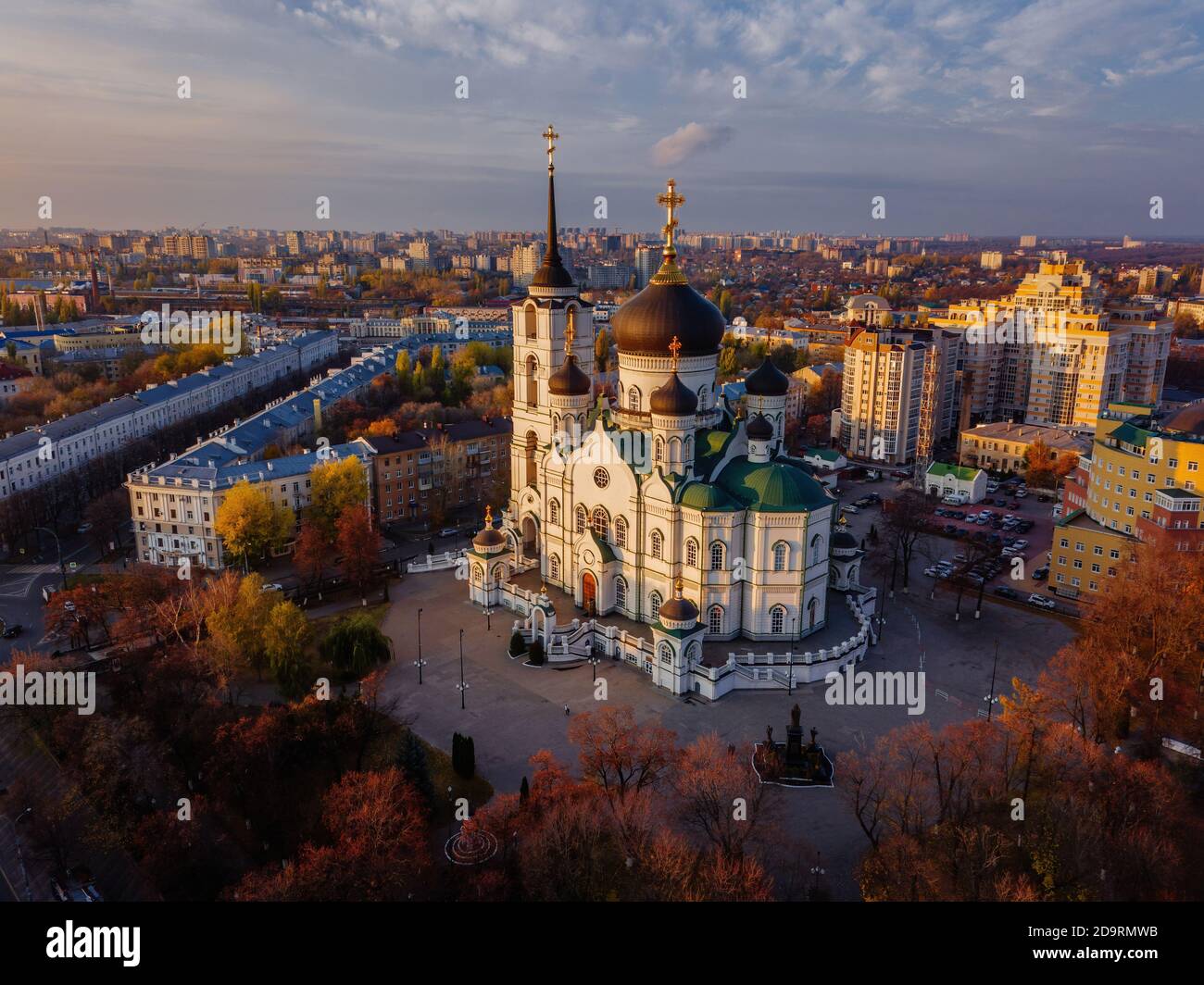 Evening autumn Voronezh, Annunciation Cathedral, aerial drone view ...
