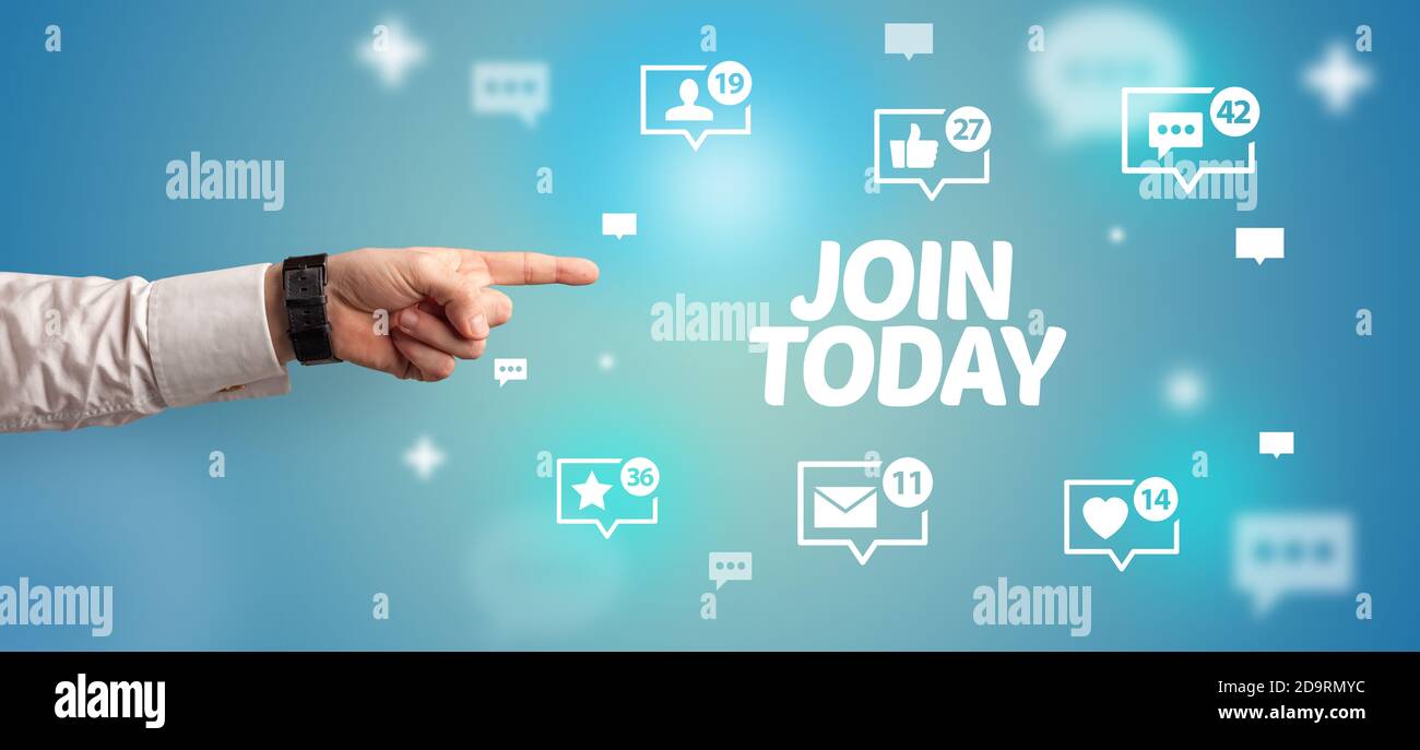 Close-Up of cropped hand pointing at JOIN TODAY inscription, social ...