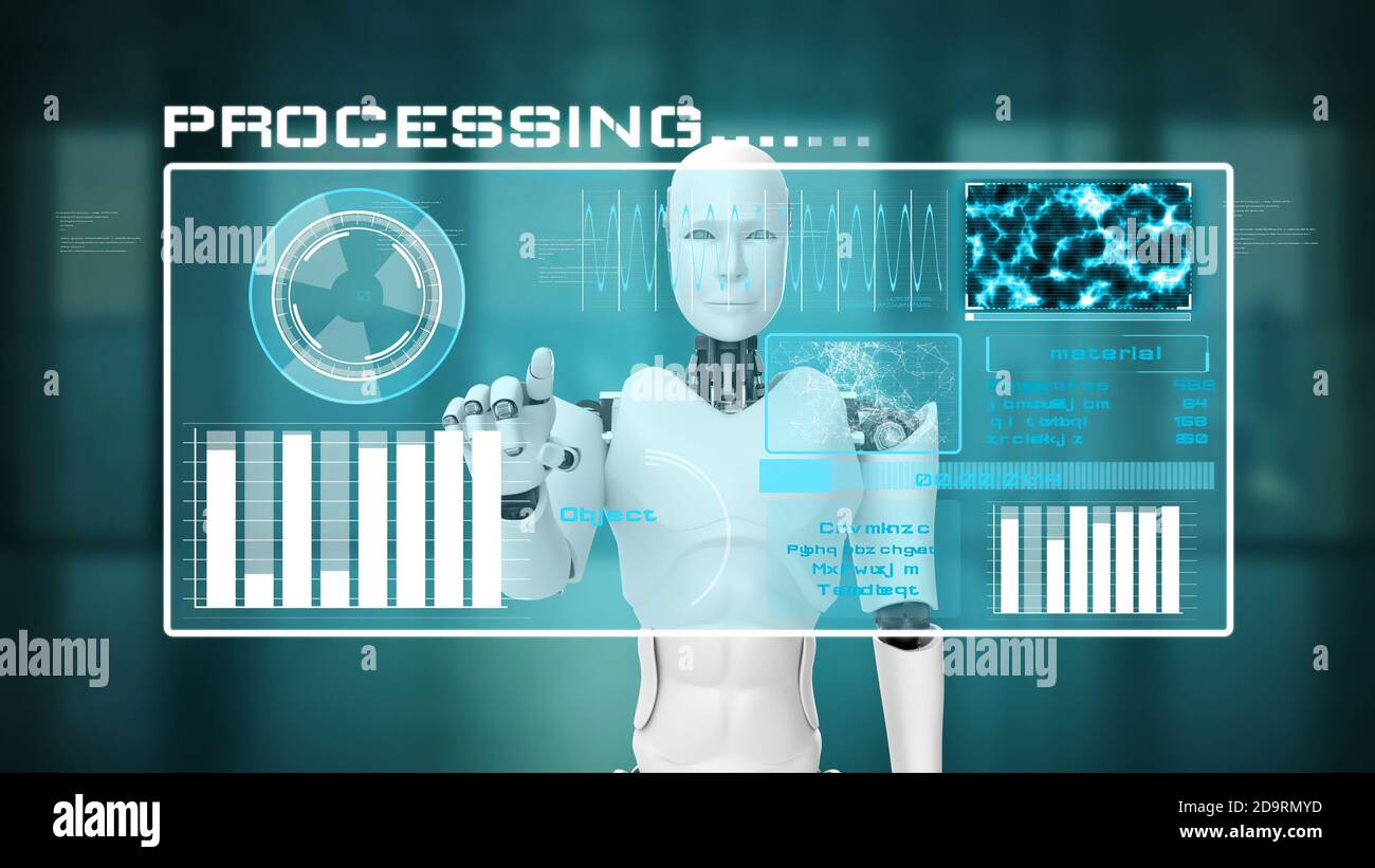 Futuristic robot, artificial intelligence CGI big data analytics and ...