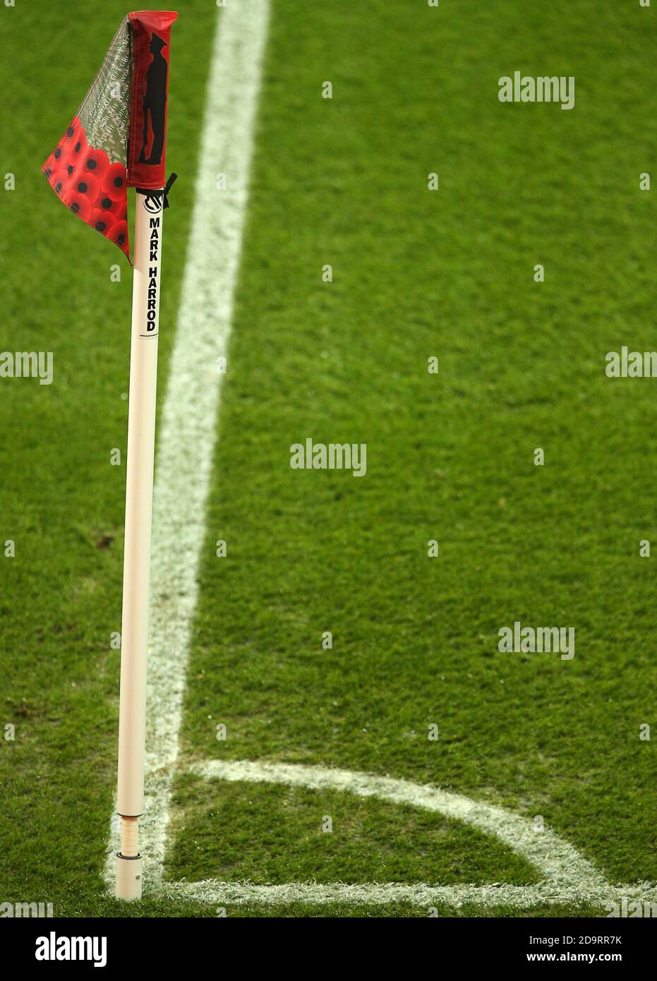 A corner flag detailed with poppys ahead of Remembrance Day during the ...