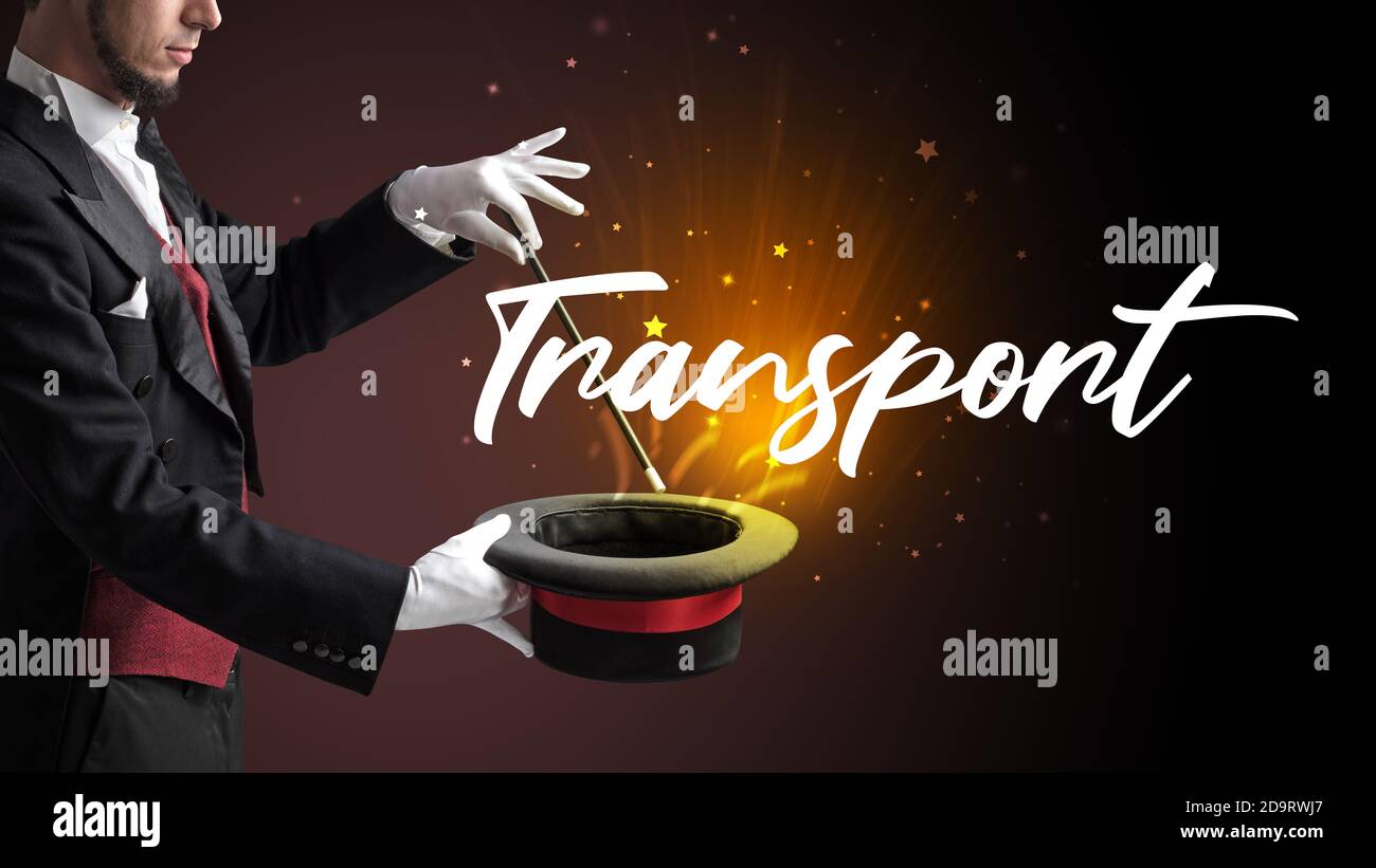 Magician is showing magic trick with Transport inscription, traveling ...