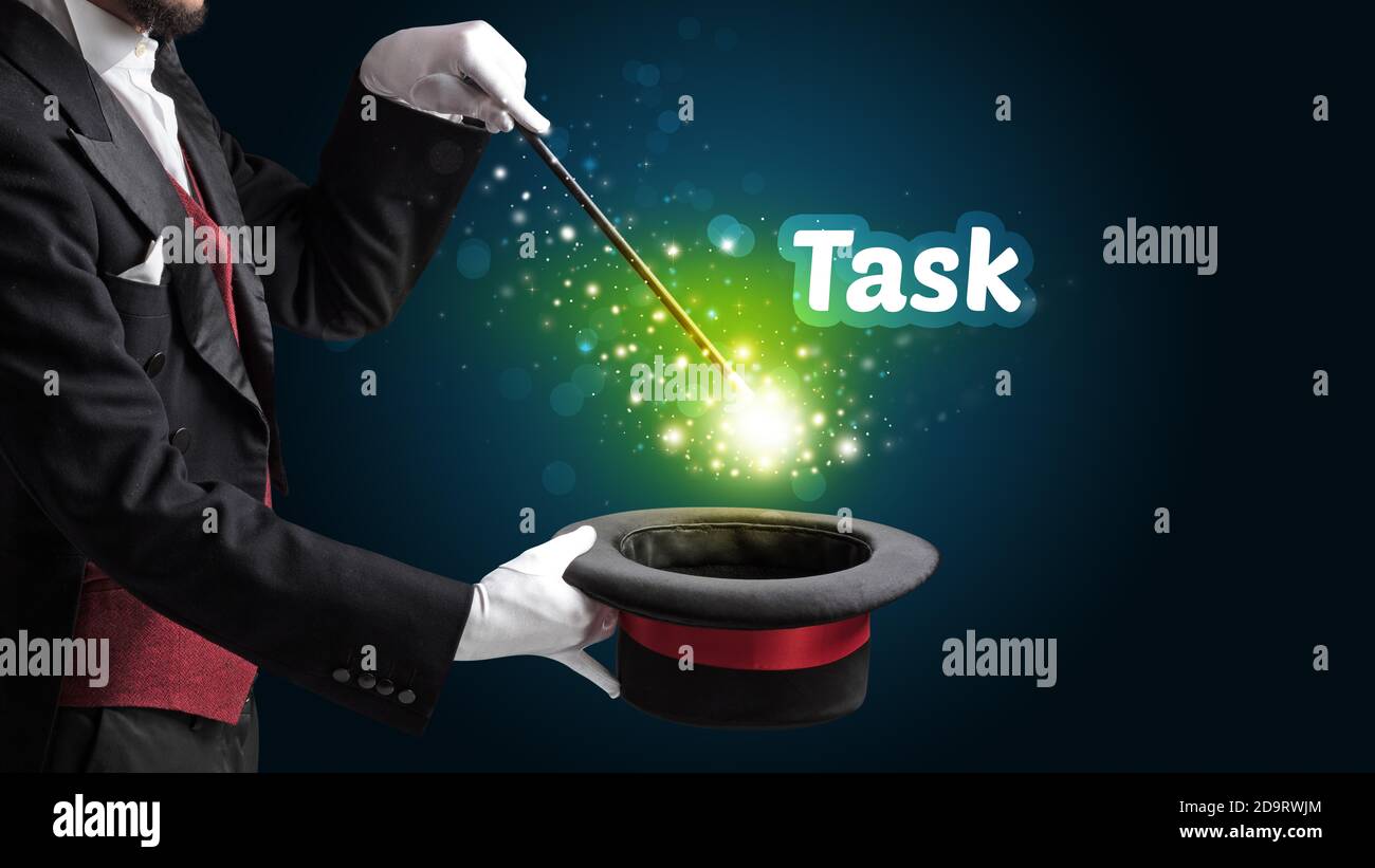 Magician is showing magic trick with Task inscription, educational ...