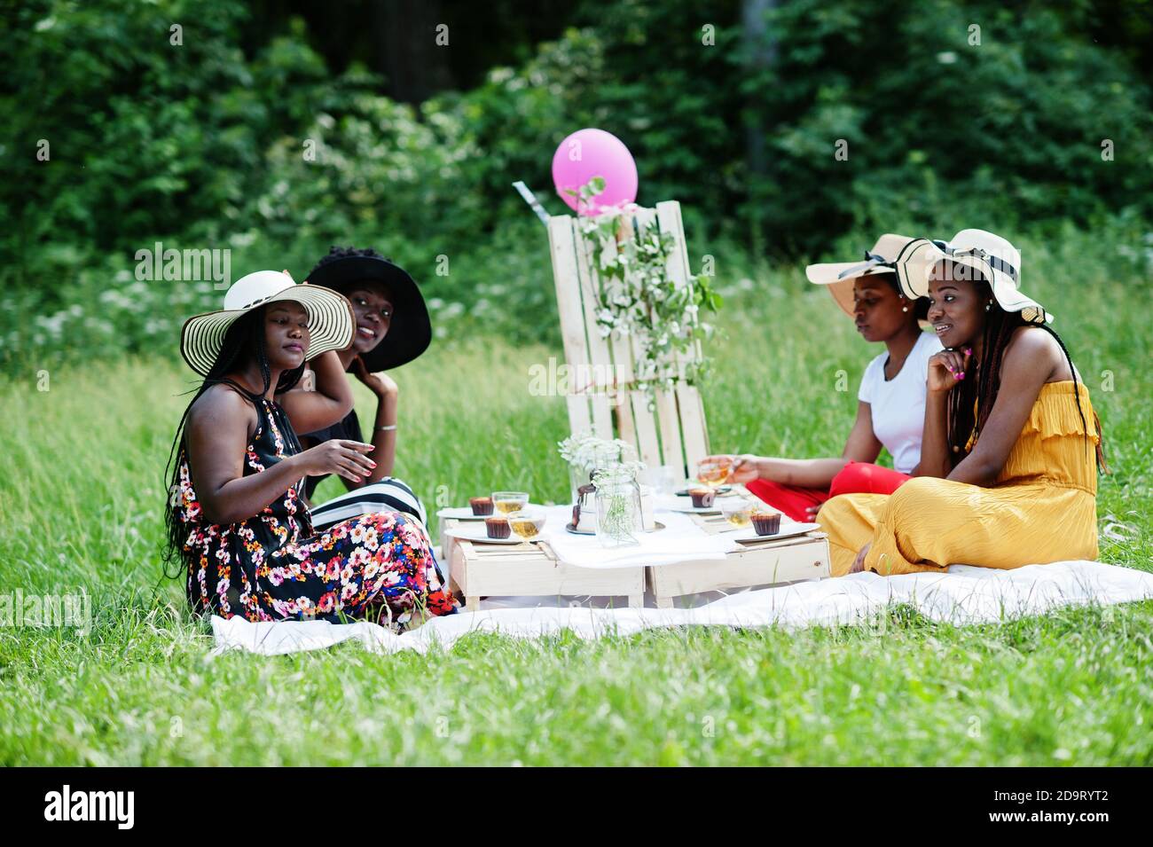 Group of african american girls celebrating birthday party outdoor with ...
