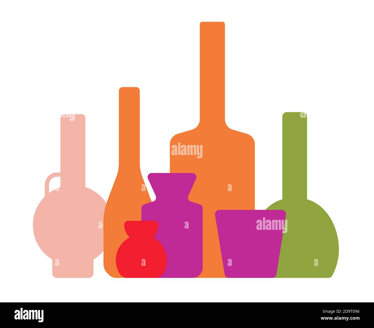 Minimalist set of colorful glass bottles and vase, modern illustration ...