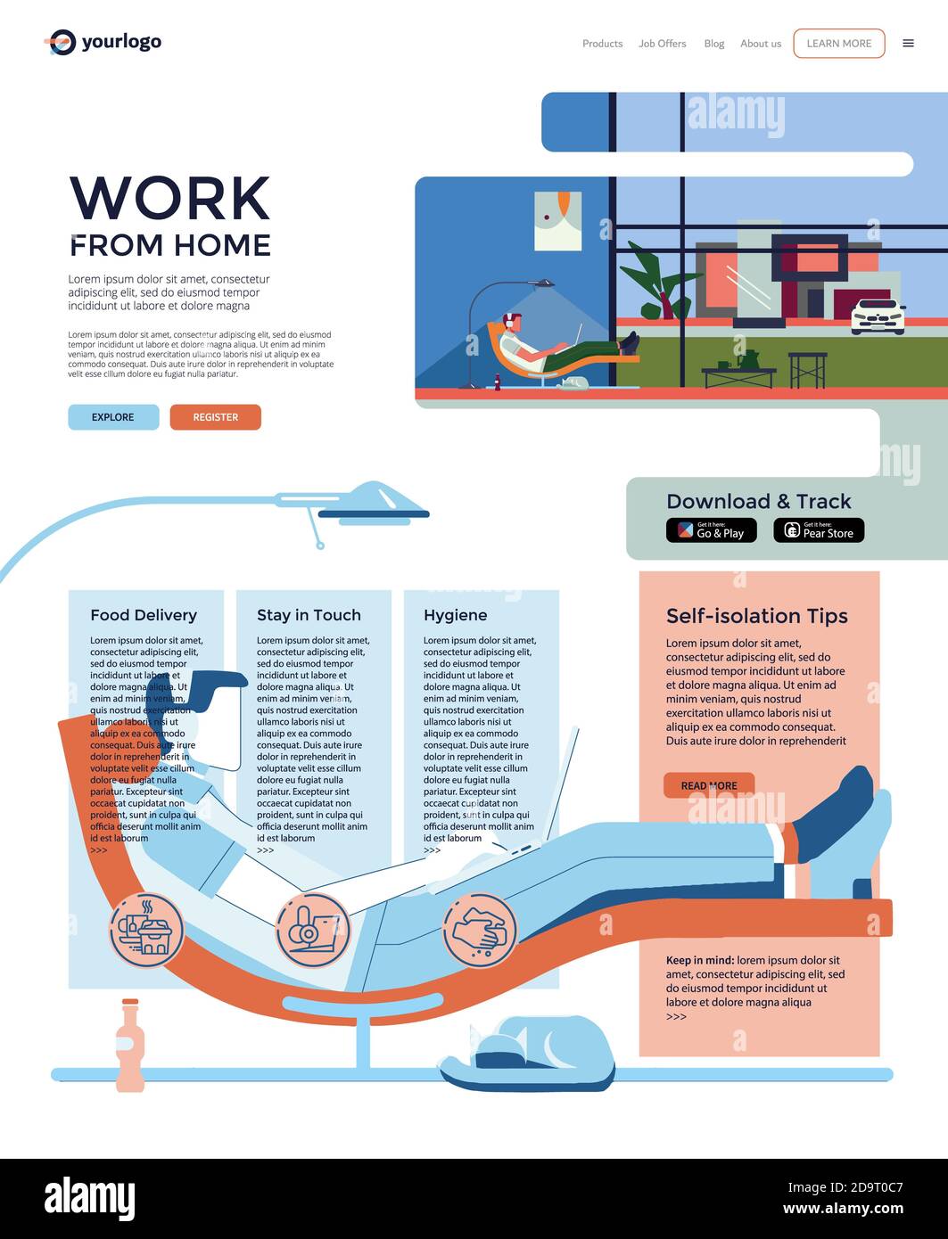 Work from home. Web design template with infographics. Freelancer - man ...
