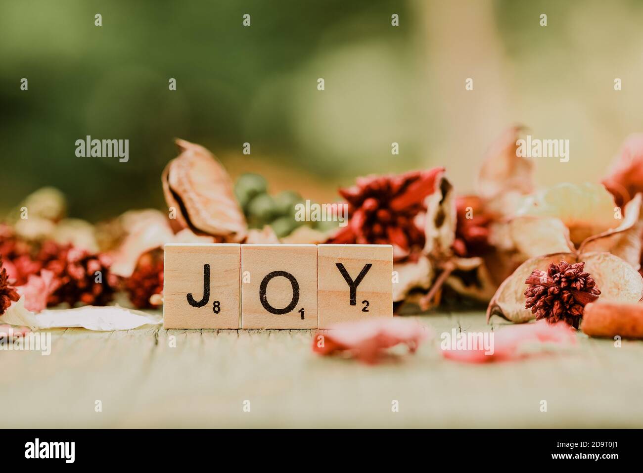 Wooden board with various dried flowers surrounding wooden letters ...