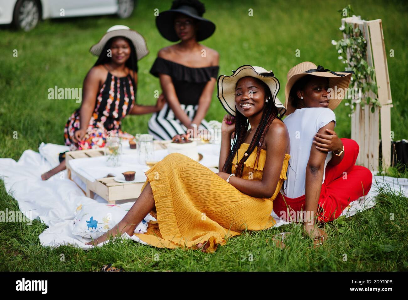 Group of african american girls celebrating birthday party outdoor with ...