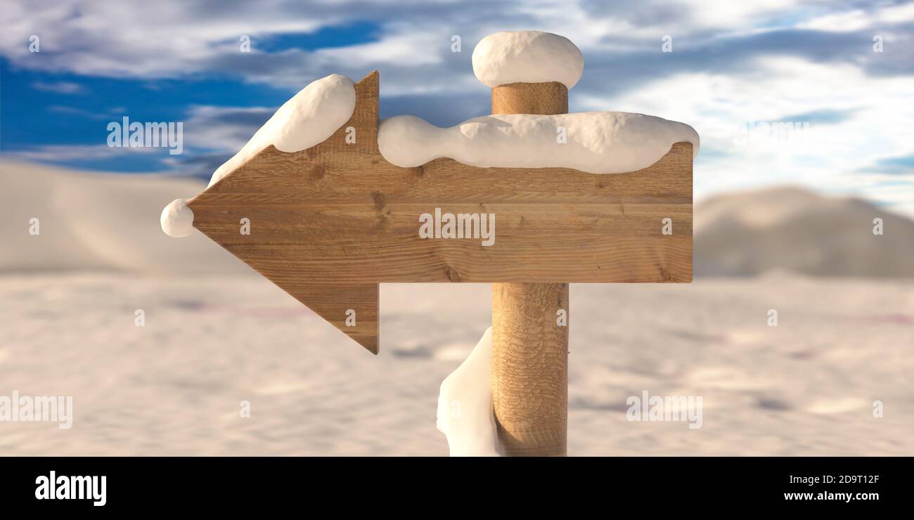 Sign wood blank board directional arrow on post, winter landscape, snow ...