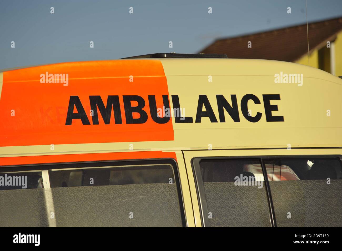 an Ambulance sign on the roof of a rescue transport vehicle Stock Photo ...