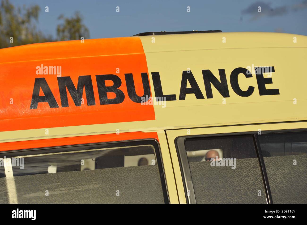 an Ambulance sign on the roof of a rescue transport vehicle Stock Photo ...