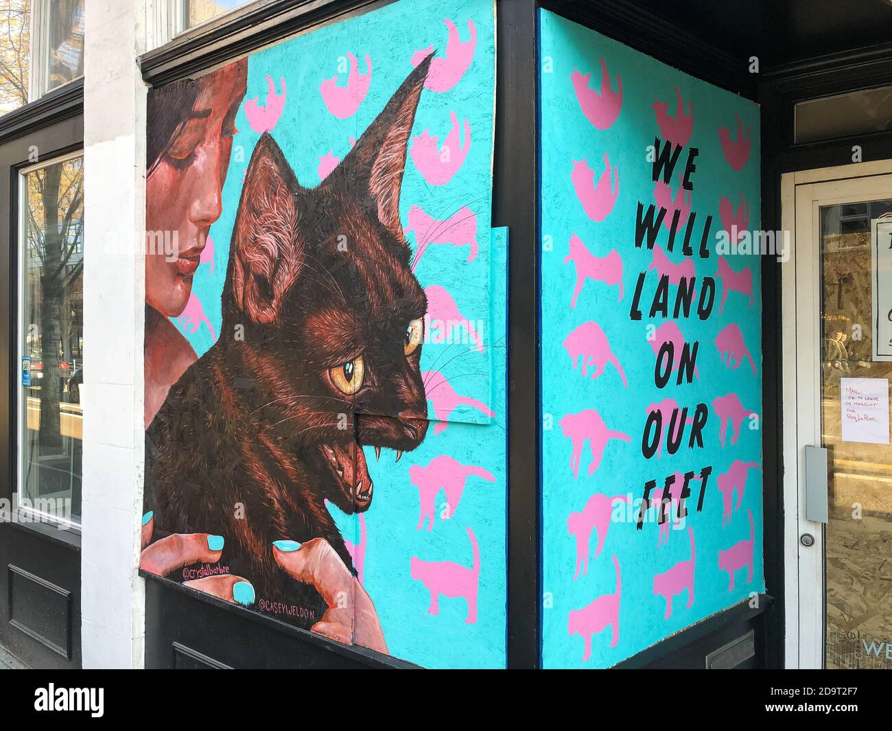 Seattle, USA. 12th Apr, 2020. Midday art on a boarded up business on Capitol Hill during the ...