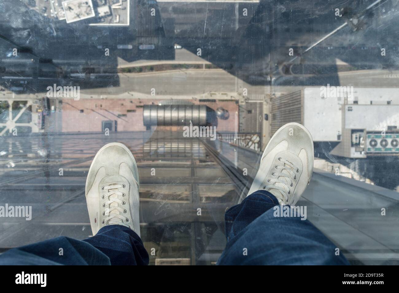 Dramatic view from the glass balcony at the top of Willis tower Stock ...