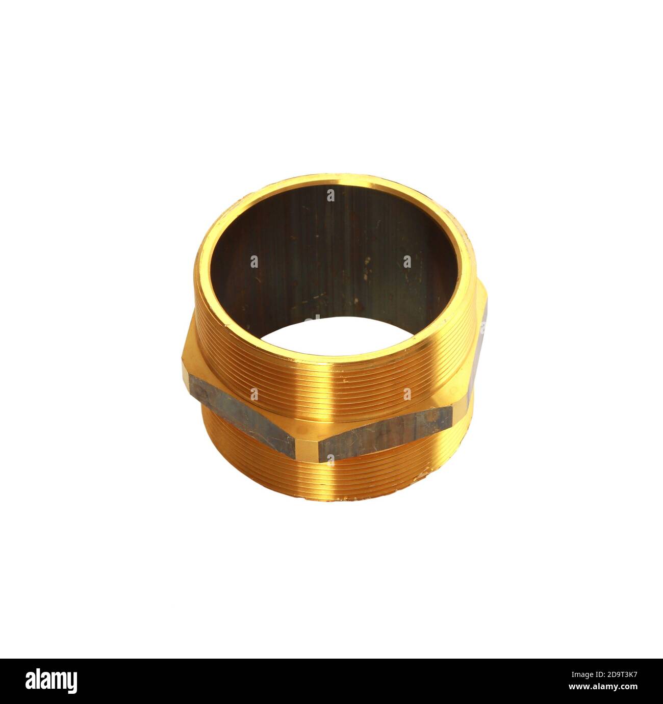 Closeup of a gold metal garden hose adapter isolated on white ...