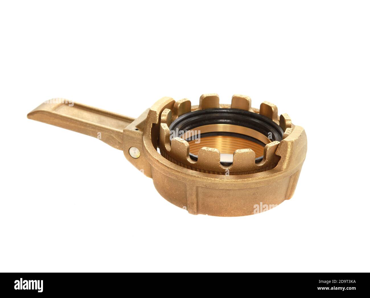 Closeup of a brass tank truck coupling isolated on white background ...