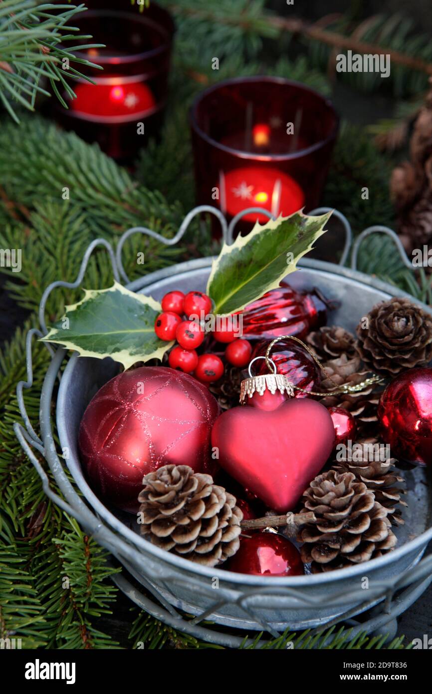 Red glass Christmas baubles with holly and pine cones AVAILABLE UK USE ...
