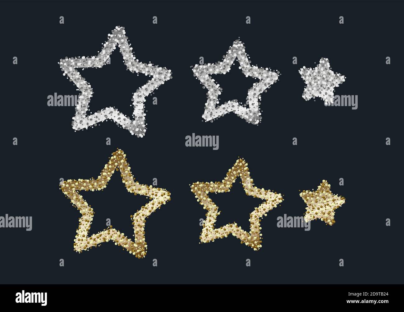 Set of shiny metal stars made of gold and silver cruumbs in different sizes, glitter sparkles ...