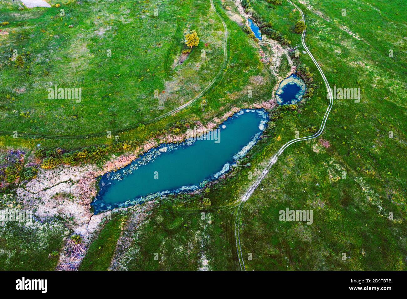 Aerial landscape of blue lake in green field, top view of beautiful ...