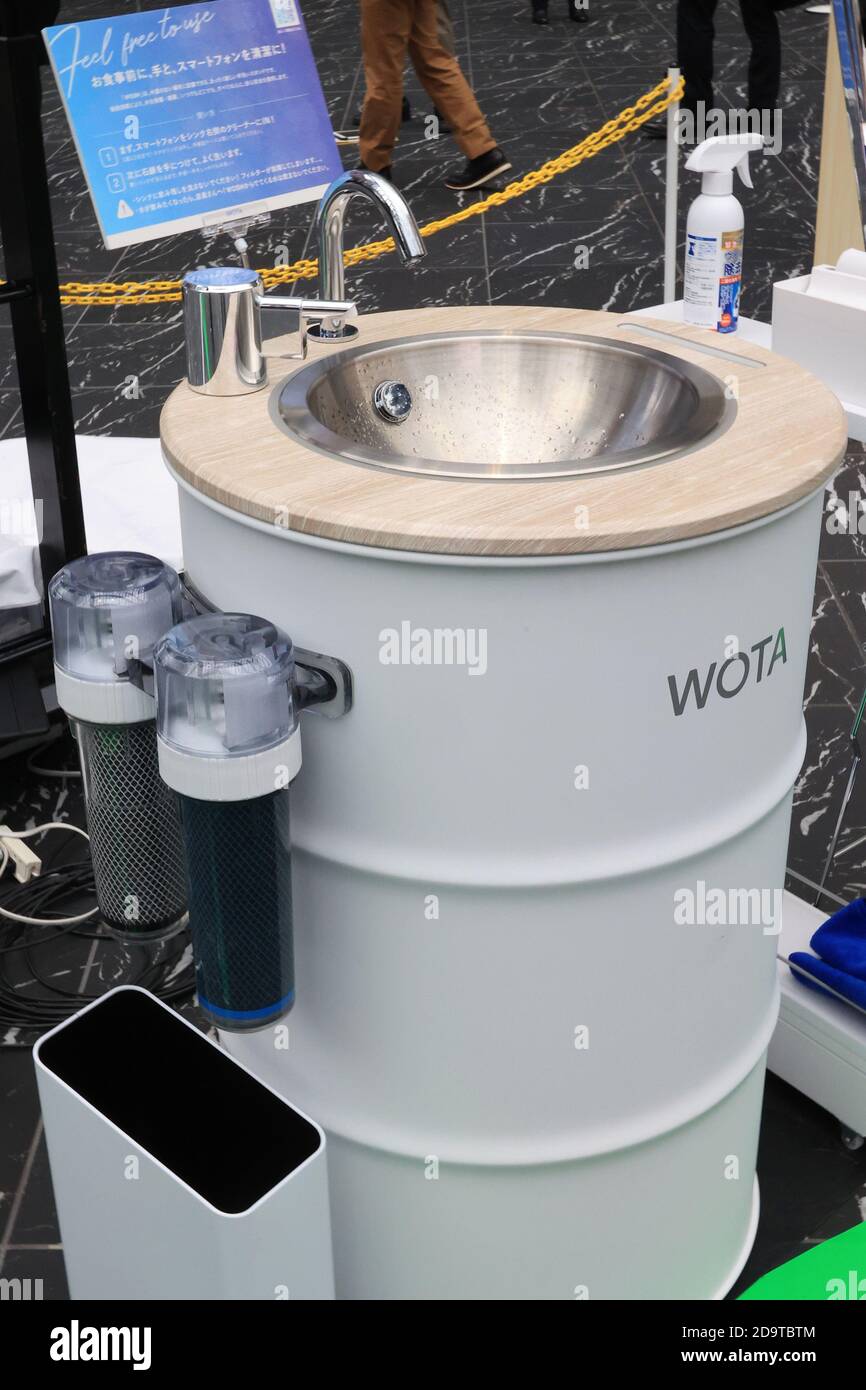 Tokyo, Japan. 7th Nov, 2020. Hand washing machine "WOSH" using recycling water developed by ...