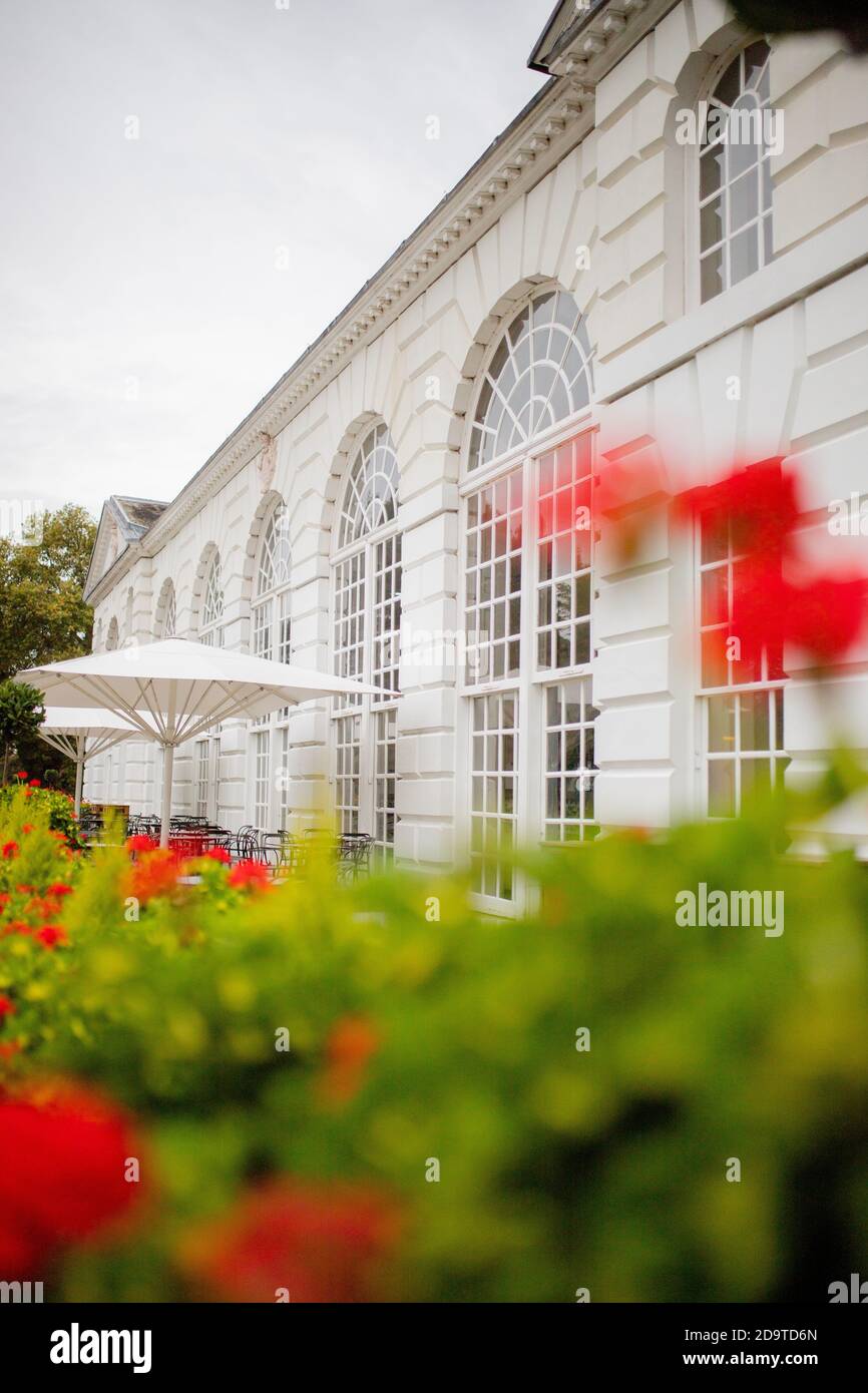 Portrait View of a White Bricks Building Behind Blurry Red Flowers From ...