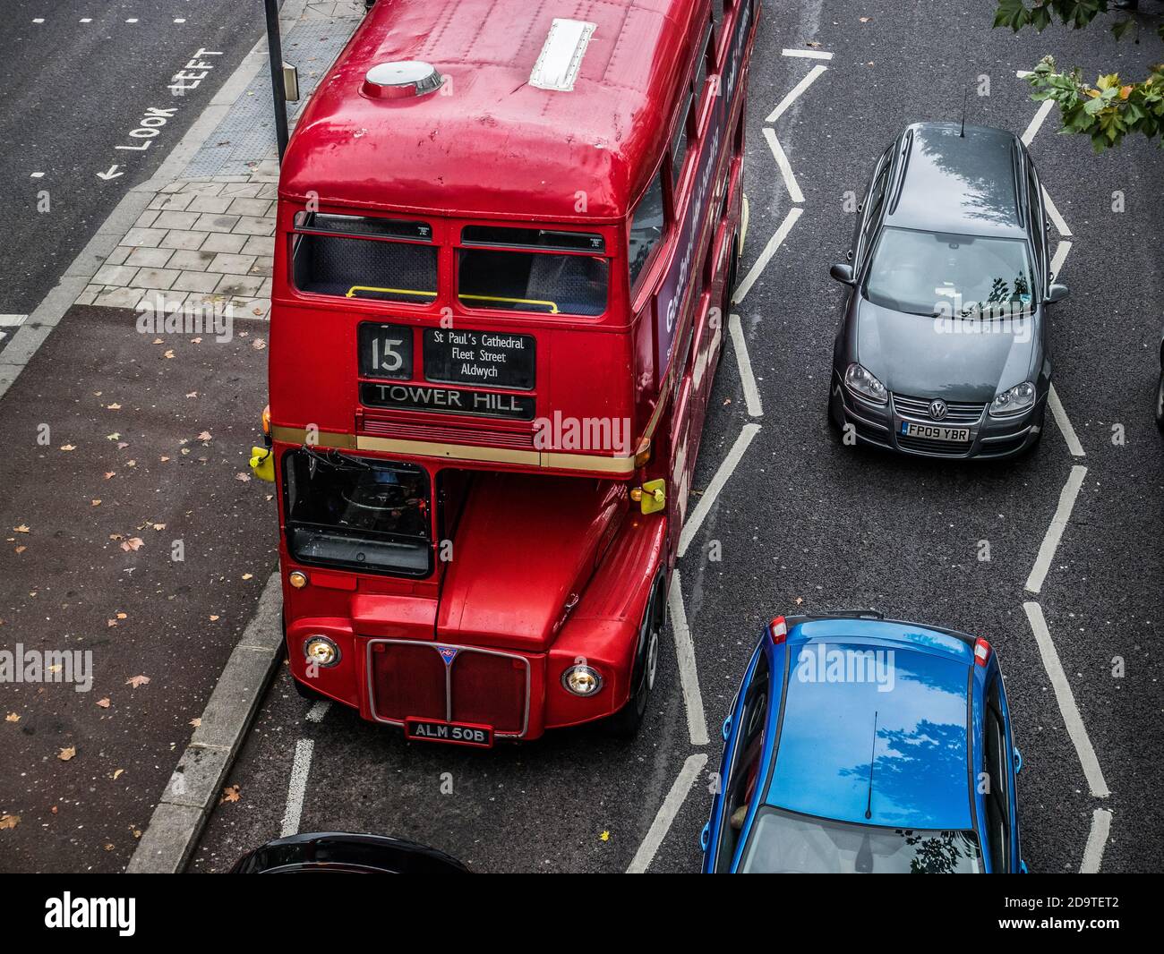 Routemaster bus in traffic, view from above Stock Photo - Alamy