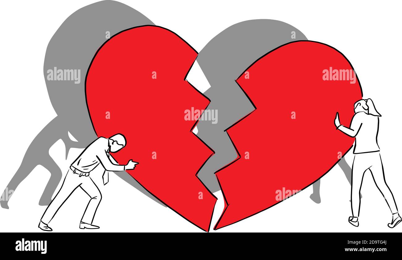 man and woman with big red broken heart vector illustration sketch ...