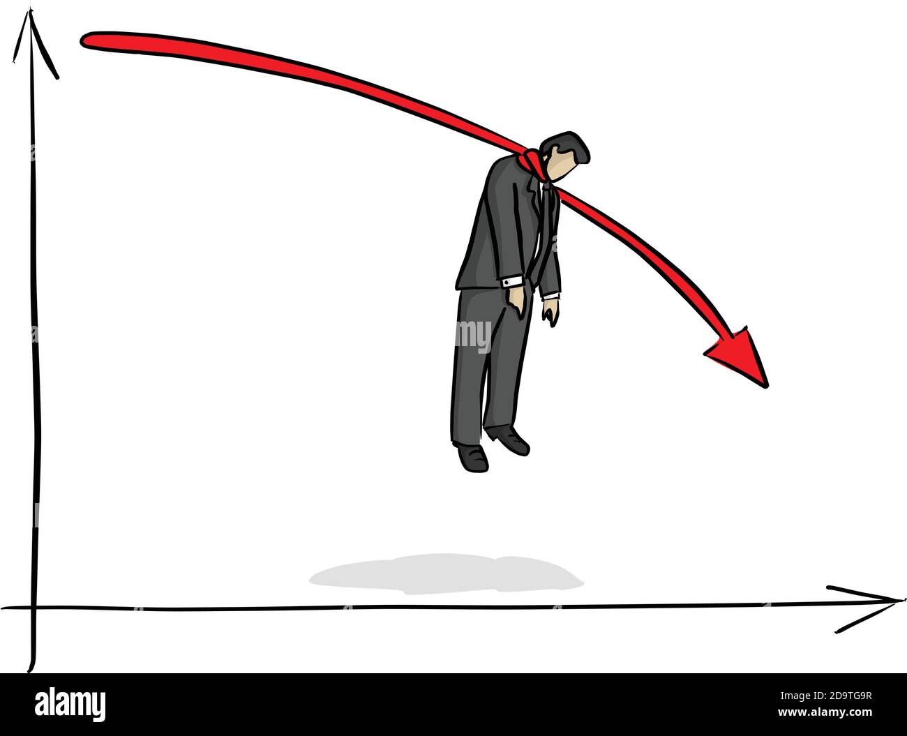 fail businessman hanging on red graph going down vector illustration ...
